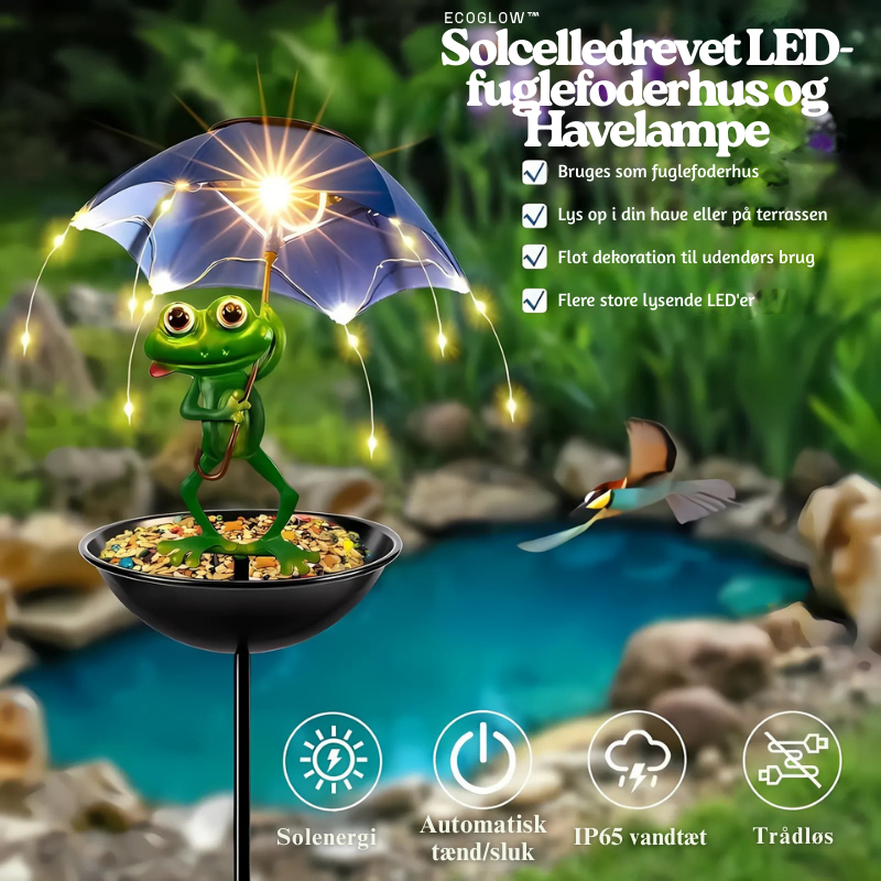 EcoGlow™ – Solcelledrevet LED-fuglefoderhus og Havelampe – Clausby Glostru